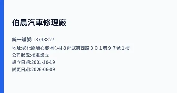 伯晨汽車修理廠的照片-統編 13738827(彰化縣) 公司登記資料與營業項目詳細圖表