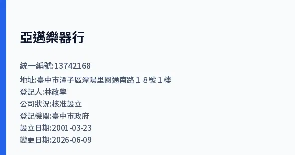亞邁樂器行的照片-統編 13742168(臺中市) 公司登記資料與營業項目詳細圖表