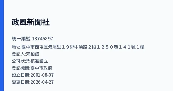 政風新聞社的照片-統編 13745897(臺中市) 公司登記資料與營業項目詳細圖表