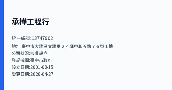 承樺工程行的照片-統編 13747902(臺中市) 公司登記資料與營業項目詳細圖表