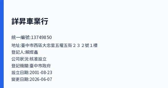 詳昇車業行的照片-統編 13749850(臺中市) 公司登記資料與營業項目詳細圖表