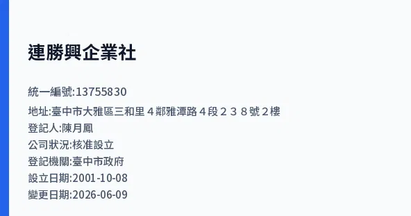 連勝興企業社的照片-統編 13755830(臺中市) 公司登記資料與營業項目詳細圖表