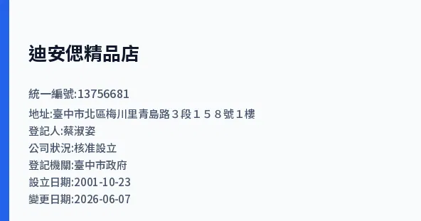 迪安偲精品店的照片-統編 13756681(臺中市) 公司登記資料與營業項目詳細圖表
