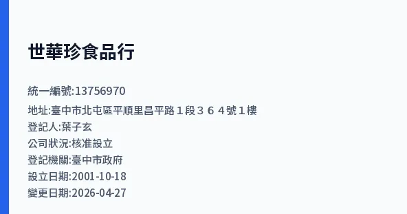 世華珍食品行的照片-統編 13756970(臺中市) 公司登記資料與營業項目詳細圖表