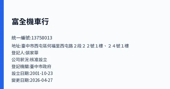 富全機車行的照片-統編 13758013(臺中市) 公司登記資料與營業項目詳細圖表