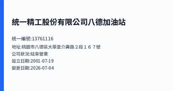 統一精工股份有限公司八德加油站的照片-統編 13761116(桃園市) 公司登記資料與營業項目詳細圖表