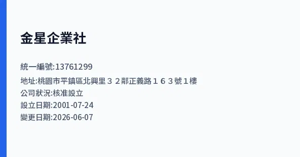 金星企業社的照片-統編 13761299(桃園市) 公司登記資料與營業項目詳細圖表