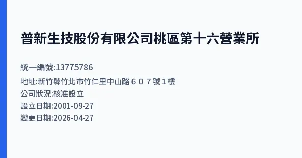 普新生技股份有限公司桃區第十六營業所的照片-統編 13775786(新竹縣) 公司登記資料與營業項目詳細圖表