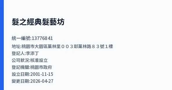 髮之經典髮藝坊的照片-統編 13776841(桃園市) 公司登記資料與營業項目詳細圖表