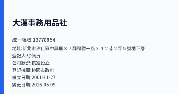 大漢事務用品社的照片-統編 13778854(新北市) 公司登記資料與營業項目詳細圖表