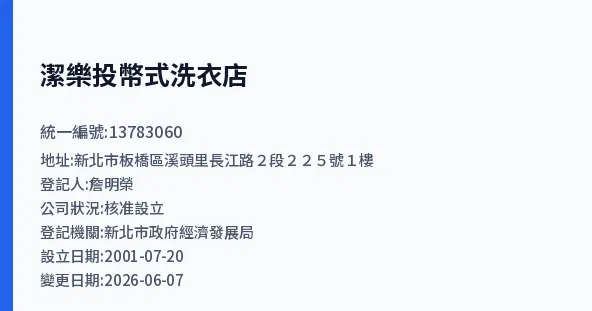 潔樂投幣式洗衣店的照片-統編 13783060(新北市) 公司登記資料與營業項目詳細圖表