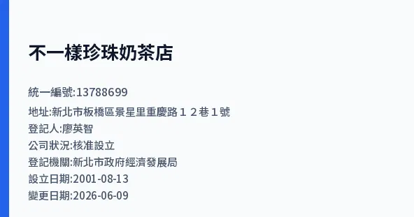 不一樣珍珠奶茶店的照片-統編 13788699(新北市) 公司登記資料與營業項目詳細圖表