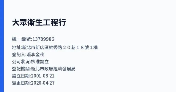 大眾衛生工程行的照片-統編 13789986(新北市) 公司登記資料與營業項目詳細圖表