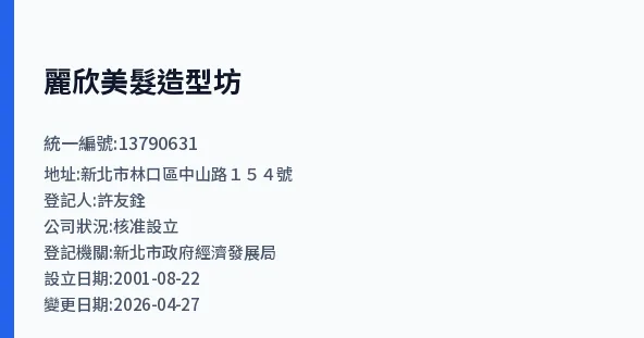 麗欣美髮造型坊的照片-統編 13790631(新北市) 公司登記資料與營業項目詳細圖表