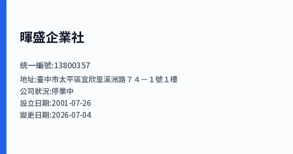 暉盛企業社的照片-統編 13800357(臺中市) 公司登記資料與營業項目詳細圖表