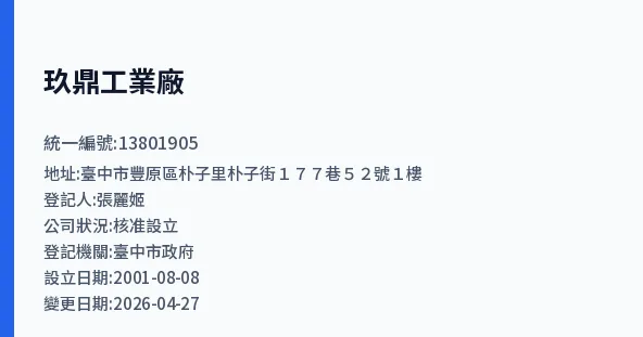 玖鼎工業廠的照片-統編 13801905(臺中市) 公司登記資料與營業項目詳細圖表