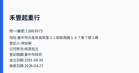 禾豐起重行的照片-統編 13803973(臺中市) 公司登記資料與營業項目詳細圖表