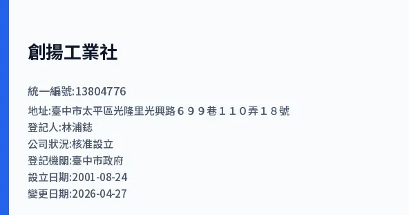 創揚工業社的照片-統編 13804776(臺中市) 公司登記資料與營業項目詳細圖表