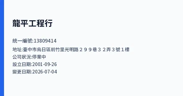 龍平工程行的照片-統編 13809414(臺中市) 公司登記資料與營業項目詳細圖表