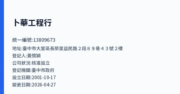 卜華工程行的照片-統編 13809673(臺中市) 公司登記資料與營業項目詳細圖表