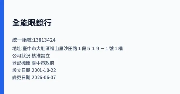 全能眼鏡行的照片-統編 13813424(臺中市) 公司登記資料與營業項目詳細圖表