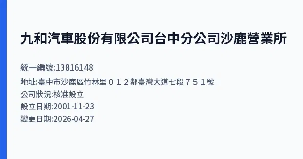 九和汽車股份有限公司台中分公司沙鹿營業所的照片-統編 13816148(臺中市) 公司登記資料與營業項目詳細圖表