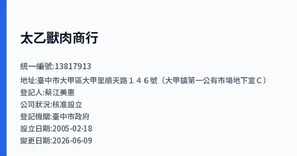 太乙獸肉商行的照片-統編 13817913(臺中市) 公司登記資料與營業項目詳細圖表