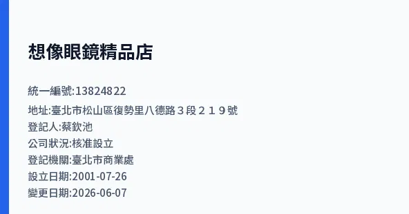 想像眼鏡精品店的照片-統編 13824822(臺北市) 公司登記資料與營業項目詳細圖表