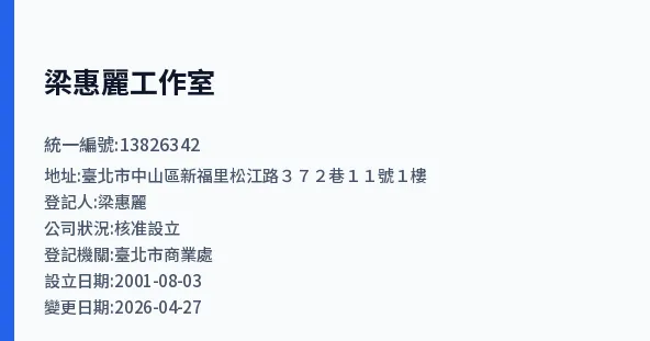 梁惠麗工作室的照片-統編 13826342(臺北市) 公司登記資料與營業項目詳細圖表
