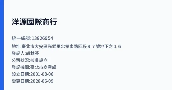 洋源國際商行的照片-統編 13826954(臺北市) 公司登記資料與營業項目詳細圖表