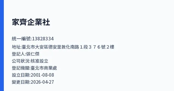 家齊企業社的照片-統編 13828334(臺北市) 公司登記資料與營業項目詳細圖表