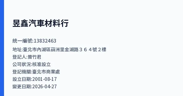 昱鑫汽車材料行的照片-統編 13832463(臺北市) 公司登記資料與營業項目詳細圖表