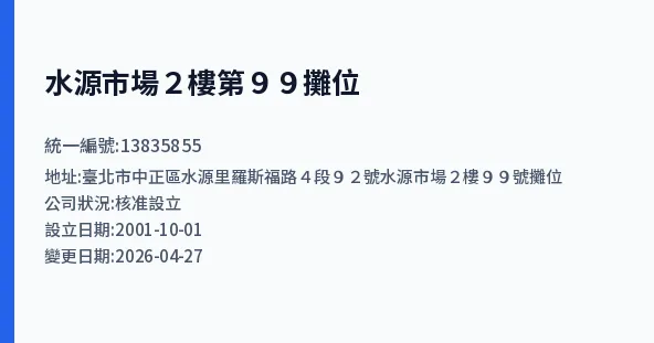 水源市場2樓第99攤位的照片-統編 13835855(臺北市) 公司登記資料與營業項目詳細圖表