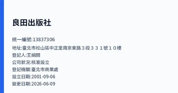 良田出版社的照片-統編 13837306(臺北市) 公司登記資料與營業項目詳細圖表