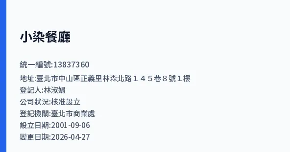 小染餐廳的照片-統編 13837360(臺北市) 公司登記資料與營業項目詳細圖表