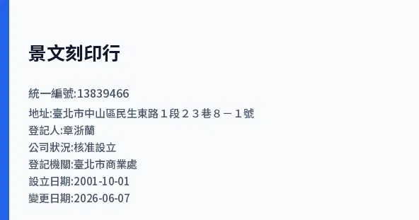 景文刻印行的照片-統編 13839466(臺北市) 公司登記資料與營業項目詳細圖表