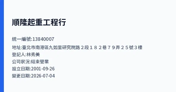 順隆起重工程行的照片-統編 13840007(臺北市) 公司登記資料與營業項目詳細圖表