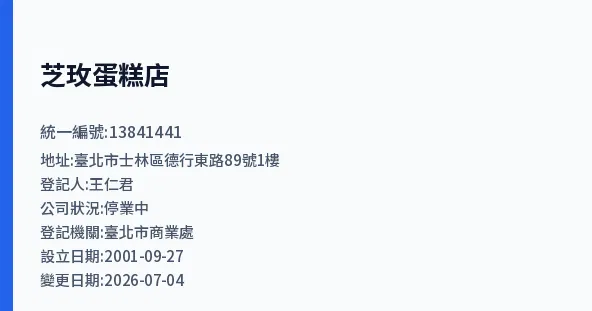 芝玫蛋糕店的照片-統編 13841441(臺北市) 公司登記資料與營業項目詳細圖表