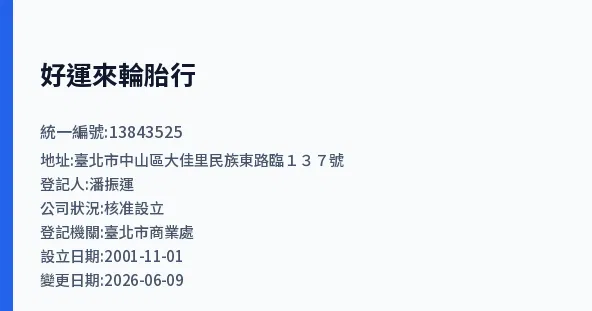 好運來輪胎行的照片-統編 13843525(臺北市) 公司登記資料與營業項目詳細圖表