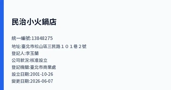民治小火鍋店的照片-統編 13848275(臺北市) 公司登記資料與營業項目詳細圖表