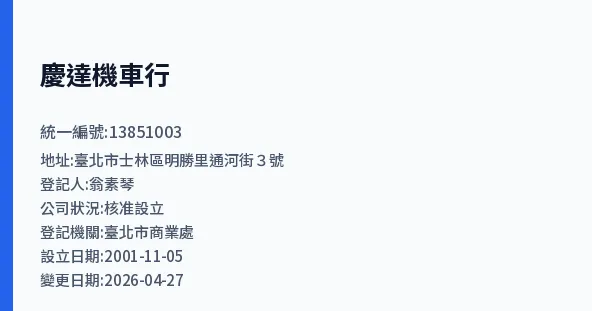 慶達機車行的照片-統編 13851003(臺北市) 公司登記資料與營業項目詳細圖表