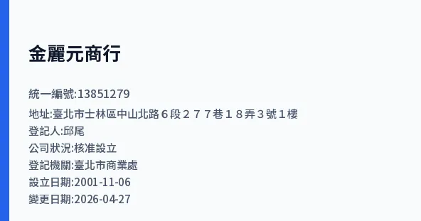 金麗元商行的照片-統編 13851279(臺北市) 公司登記資料與營業項目詳細圖表