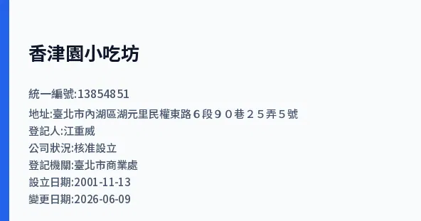香津園小吃坊的照片-統編 13854851(臺北市) 公司登記資料與營業項目詳細圖表