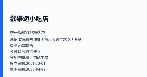 歡樂頌小吃店的照片-統編 13856372(宜蘭縣) 公司登記資料與營業項目詳細圖表