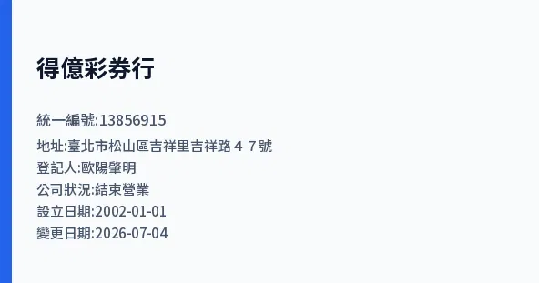 得億彩券行的照片-統編 13856915(臺北市) 公司登記資料與營業項目詳細圖表