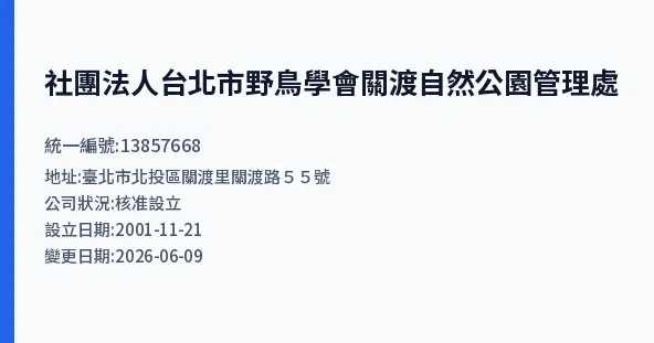 社團法人台北市野鳥學會關渡自然公園管理處的照片-統編 13857668(臺北市) 公司登記資料與營業項目詳細圖表