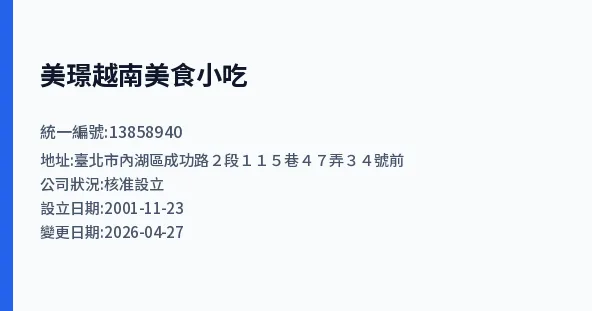 美璟越南美食小吃的照片-統編 13858940(臺北市) 公司登記資料與營業項目詳細圖表