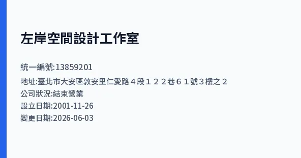 左岸空間設計工作室的照片-統編 13859201(臺北市) 公司登記資料與營業項目詳細圖表