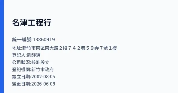 名津工程行的照片-統編 13860919(新竹市) 公司登記資料與營業項目詳細圖表