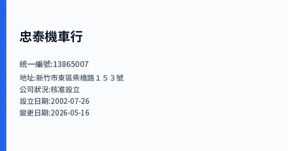 忠泰機車行的照片-統編 13865007(新竹市) 公司登記資料與營業項目詳細圖表